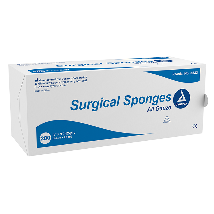 Gauze Sponge, Sterile, 3" x 3", 12-ply 1,500/Case (Dynarex)
